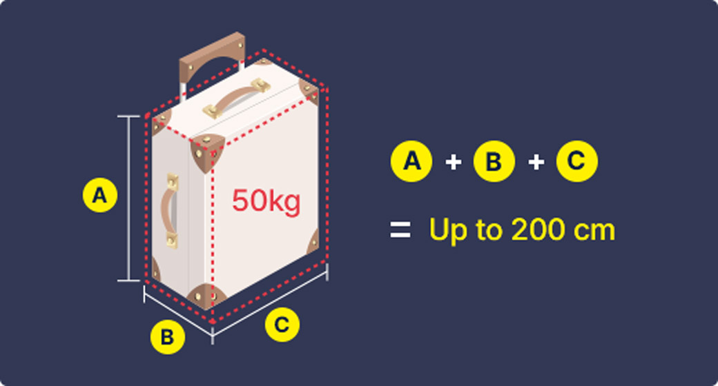 A(높이), B(세로), C(가로) A + B + C = 200cm 이하