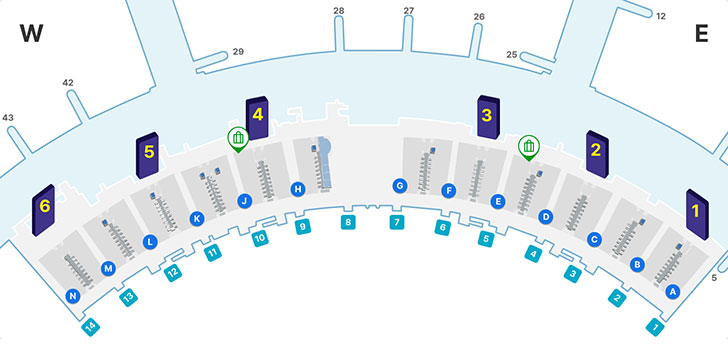 위쪽으로 면세지역이며 1~6번까지의 출국장 아래쪽으로 일반지역이다. 일반지역에 A~N까지의 체크인 카운터가 있고 ,J와 E ...