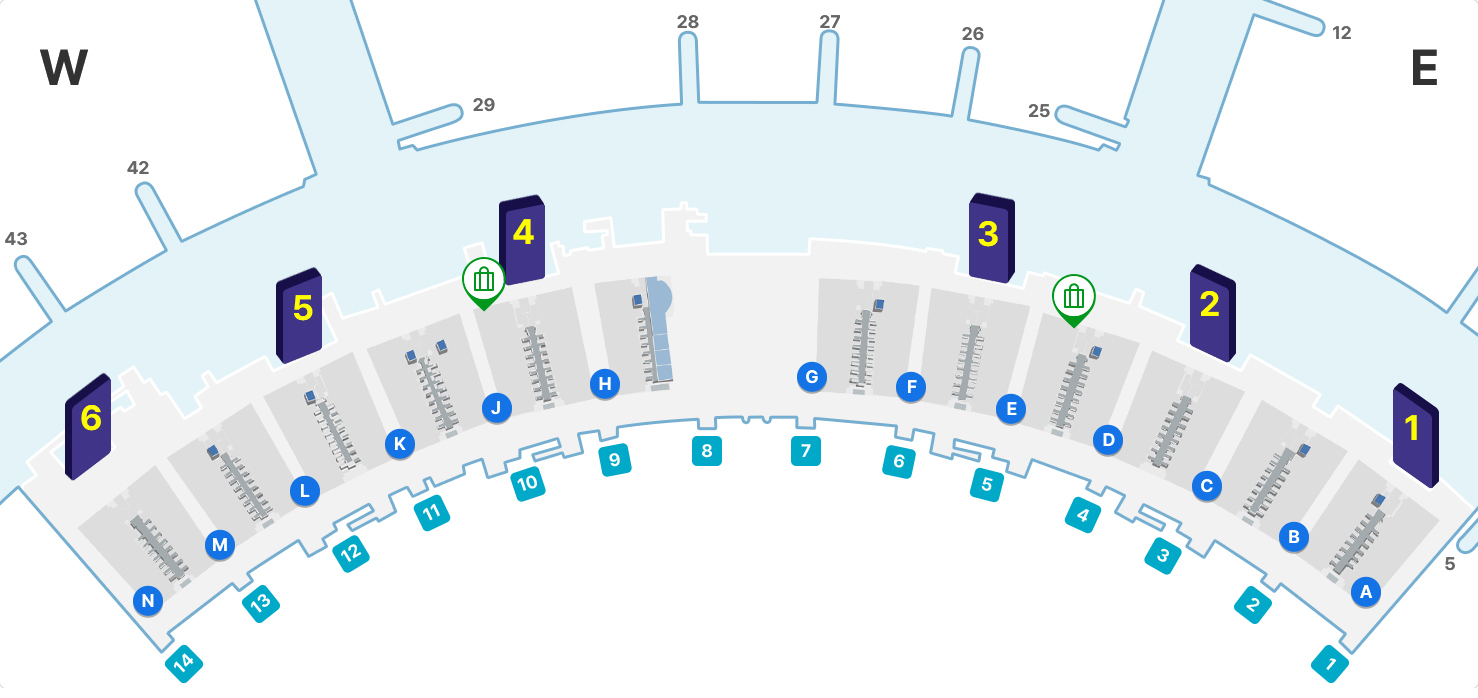 위쪽으로 면세지역이며 1~6번까지의 출국장 아래쪽으로 일반지역이다. 일반지역에 A~N까지의 체크인 카운터가 있고 ,J와 E ...